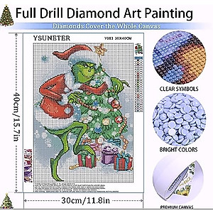 YSUNETER Christmas Diamond Painting Kits for Adults - Grinch Diamond Art Kits for Adults Beginner, DIY Full Drill Diamond Dots Paintings with Diamonds Gem Art and Crafts for Adults Home Wall Decor