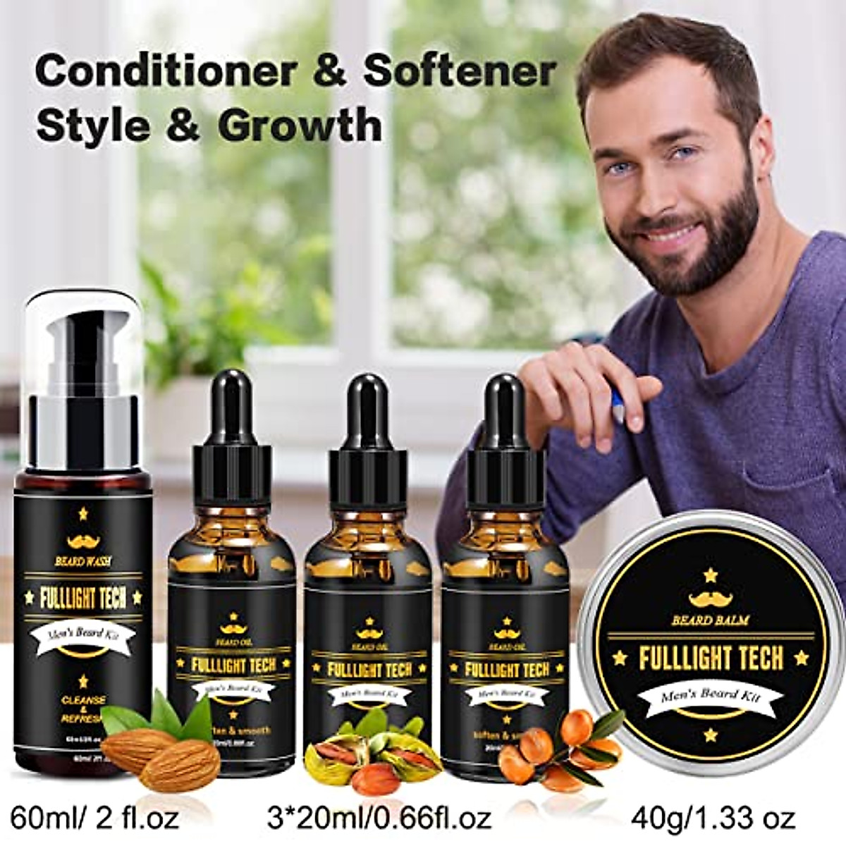 FULLLIGHT TECH Beard Kit for Men Grooming & Care W/Beard Wash/Shampoo,3 Packs Beard Oil,Beard Balm Leave-in Conditioner,Beard Comb,Beard Brush,Beard Scissor,Beard Grooming Kit Gifts for Men Husband