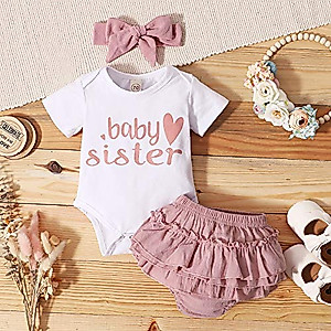Dimoybabe Baby Girl Clothes Stuff Newborn Infant Summer Cute Outfit Cotton Ruffle Short Sleeve Romper + Floral Pants + Headband White Pink Baby Sister 0-3 Months 70CM