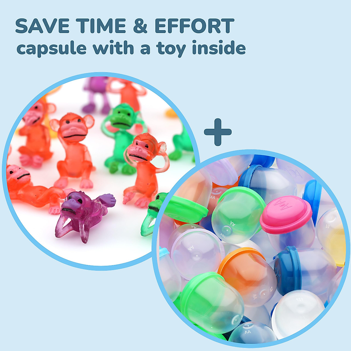 Entervending Monkey Toys in Capsules Bulk - 50 Pcs - 1.1 Inch Plastic Capsules and Funny Monkey Figurines for Kids - Bulk Toys for Classroom Prizes – Easter Basket Stuffers