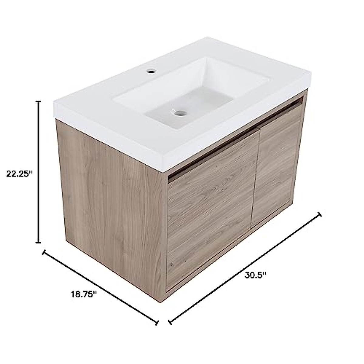 Spring Mill Cabinets Kelby 30 Inch Modern Floating Bathroom Vanity with White Single Sink Top, 1-Door Cabinet, 1 Soft-Close Drawer, 30.5" W x 18.75" D x 22.25" H, Forest Elm