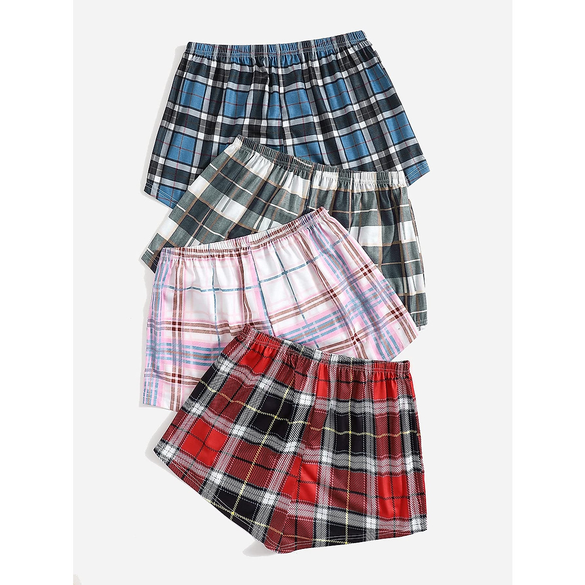 Verdusa Women's 4pack Elastic Waist Plaid Pajama Bottom Loungewear Sleep Short Blue Green Red Pink M