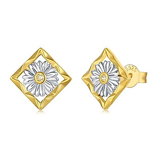 WOUOVO 925-Sterling-Silver Sunflower Earrings for Women - Daisy Sunflower Stud Earring with Safety Screw Back Lockings,Mothers Day Christmas Gifts for Mom and Daughter (Sunflower)
