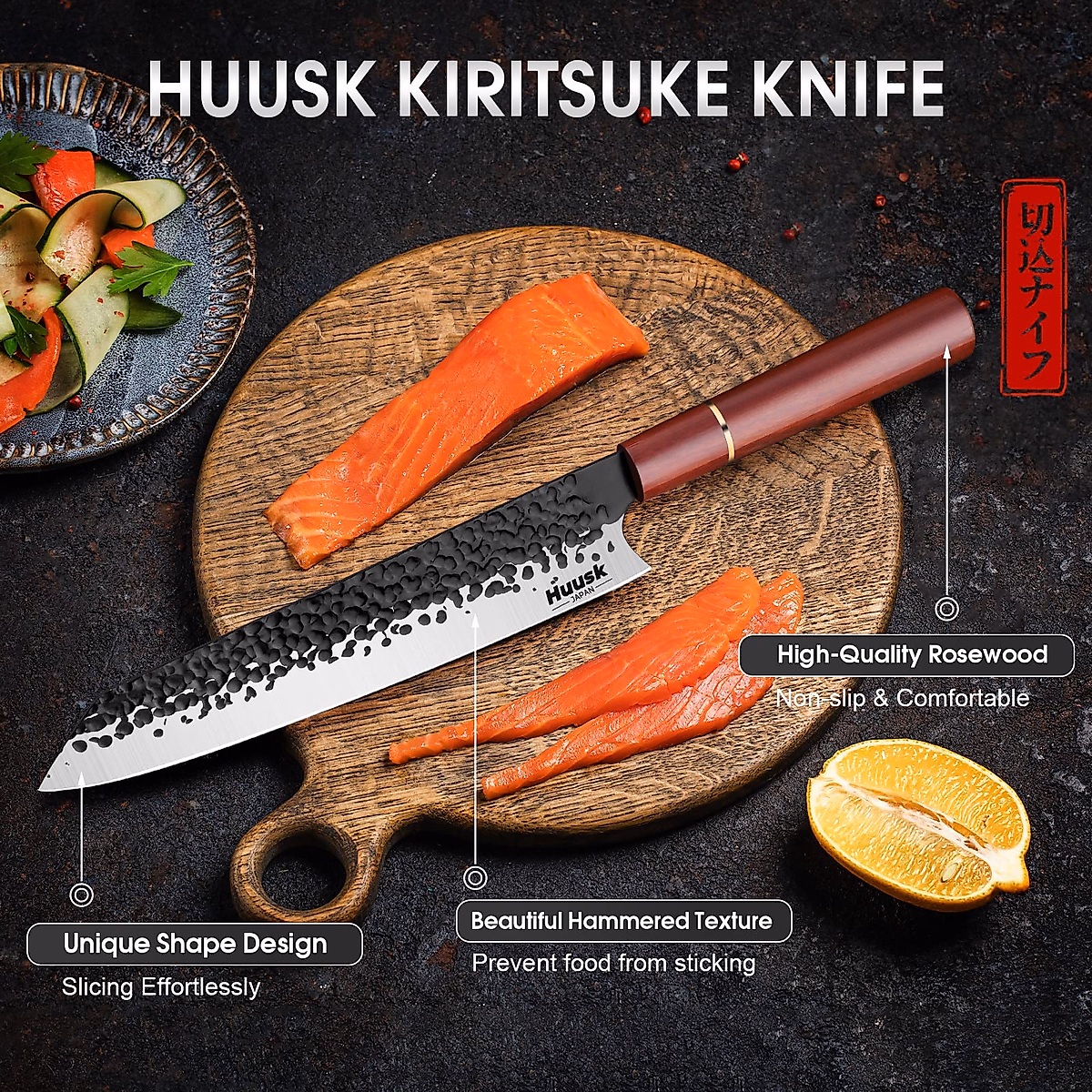 Huusk Japan knife, Kiritsuke Chef Knife Professional 9" High Carbon Steel Japanese Kitchen Knife Hand Forged Meat Sushi Knife Ultra Sharp Cooking Knife Full Tang Bunka Knife for Sushi Poultry