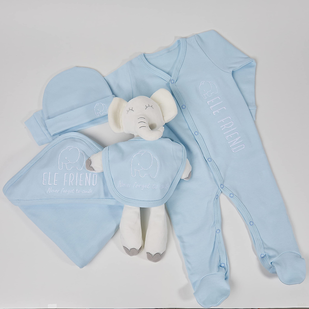 ELE Friend Newborn gift set 0-6 months – Unisex clothes for Newborn, Unisex baby gift set, Gift basket includes Cute Soft white Elephant Plush Doll, Thank You Card and giftbox (baby blue)