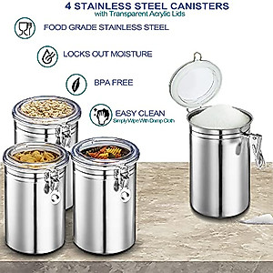 HOMEARRAY Stainless Steel Canister Set - Airtight Food Storage Canisters for Kitchen Counters, Tea, Sugar, Flour, Coffee Sealable Jars with Locking Clamp - Set of 4
