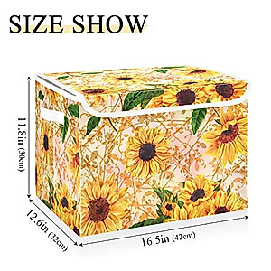 TSENQUE Autumn Sunflower Foldable Storage Bins with Lids Collapsible Storage Cube Bin for Home Bedroom Closet Office Nursery 16.5" L x 12.6" W x 11.8" H