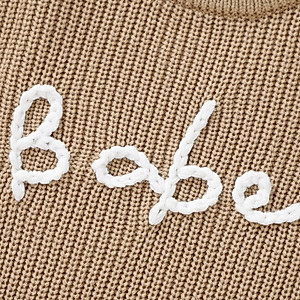 Baby Girl Cable Knit Sweater Long Sleeve Boho Floral Embroidery Oversized Sweatshirt Warm Fall Winter Clothes (Khaki-Babe, 6-9 Months)