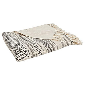 SARO LIFESTYLE Sevan Collection Block Print Fringed Throw Blanket, 50" x 60", Natural