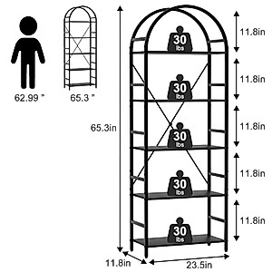 Arbuxzuy 5-Tier Bookshelf, 24 Inch Width Industrial Arched Bookcase, Vintage Storage Rack with Open Shelves, Free Standing Shelf for Home Office, Living Room,Bedroom, Black