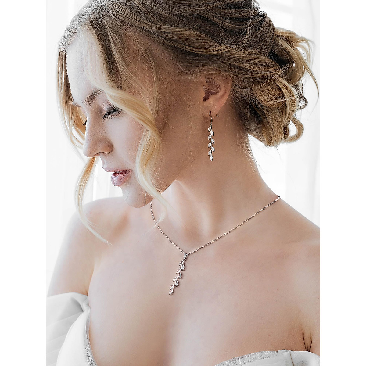 SWEETV Wedding Jewelry Sets for Brides Birdesmaid, Silver Cubic Zirconia Marquise Bridal Necklace Earrings Set for Women, Prom Costume Wedding Jewelry Gift