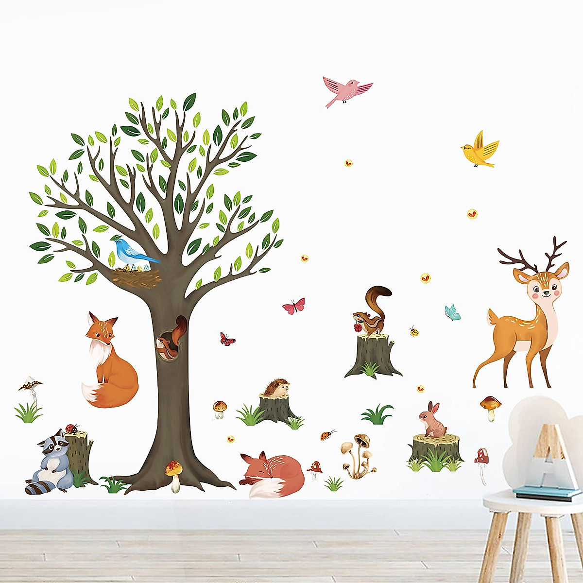 decalmile Animal Forest Tree Wall Stickers Fox Bird Deer Wall Decoration Bedroom Kids Baby Nursery