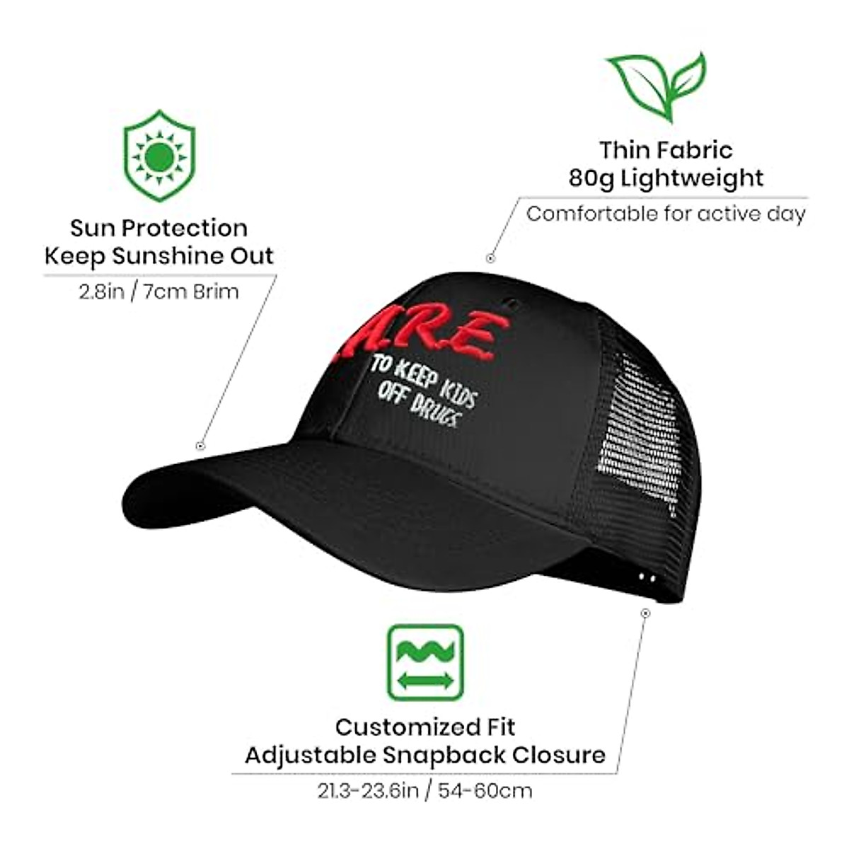 Dare to Keep Kids Off Drugs Baseball Caps Embroidered Adjustable Mesh Dad Hat Black Trucker Hats for Men and Women