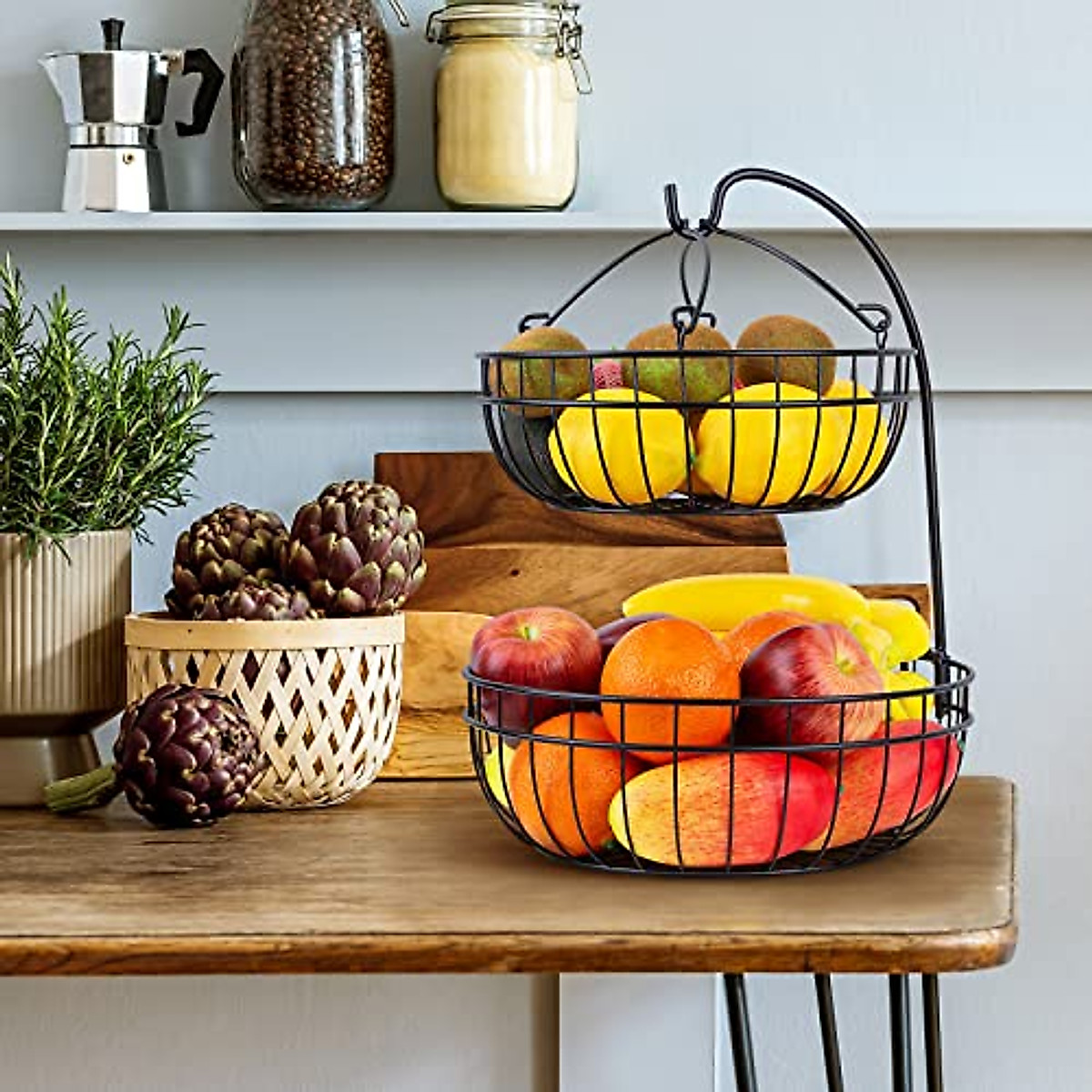 2- Tier Fruit Basket for Kitchen Counter, Homewill Fruit Basket with Banana Hanger, Hanging Wire Fruit Vegetable Basket Bowls Storage for Countertop
