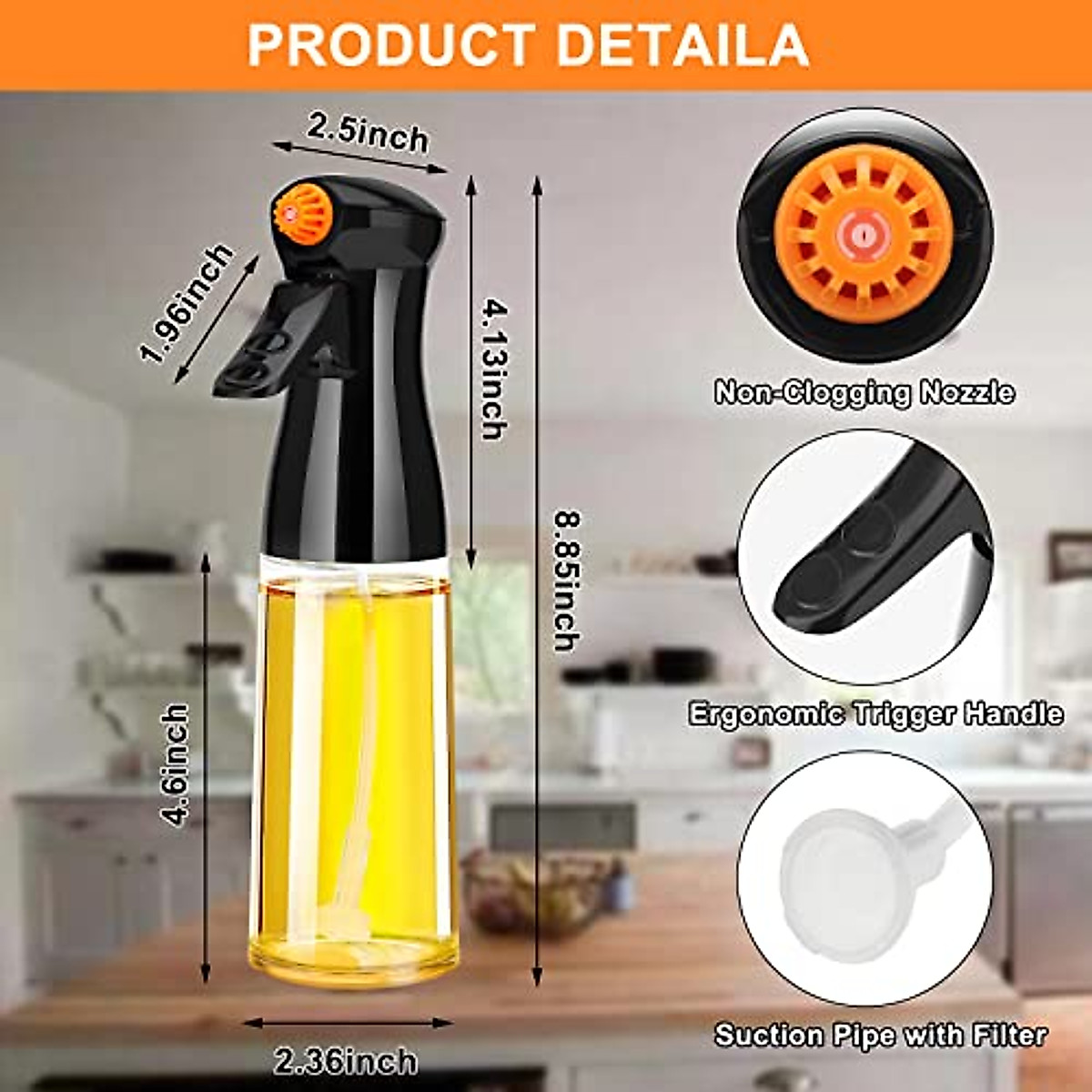 Oil Sprayer for Cooking - 210ml Glass Olive Oil Dispenser Bottle Spray Mister-Reusable Food Grade Oil Vinegar Spritzer Sprayer Bottles,kitchen Gadgets Accessories for Air Fryer,Salad Making,Baking,BBQ