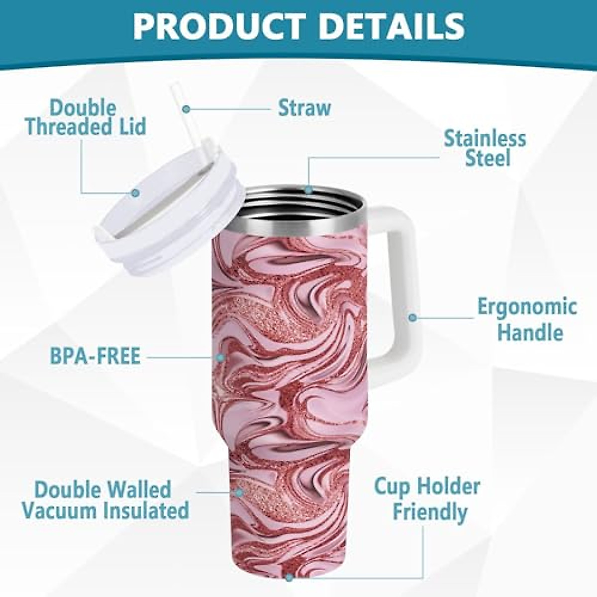 RPLIFE Elegant Abstract Marble Rose Pink Tumbler with Handle, Stainless Water Bottle, Coffee Mug with Lid