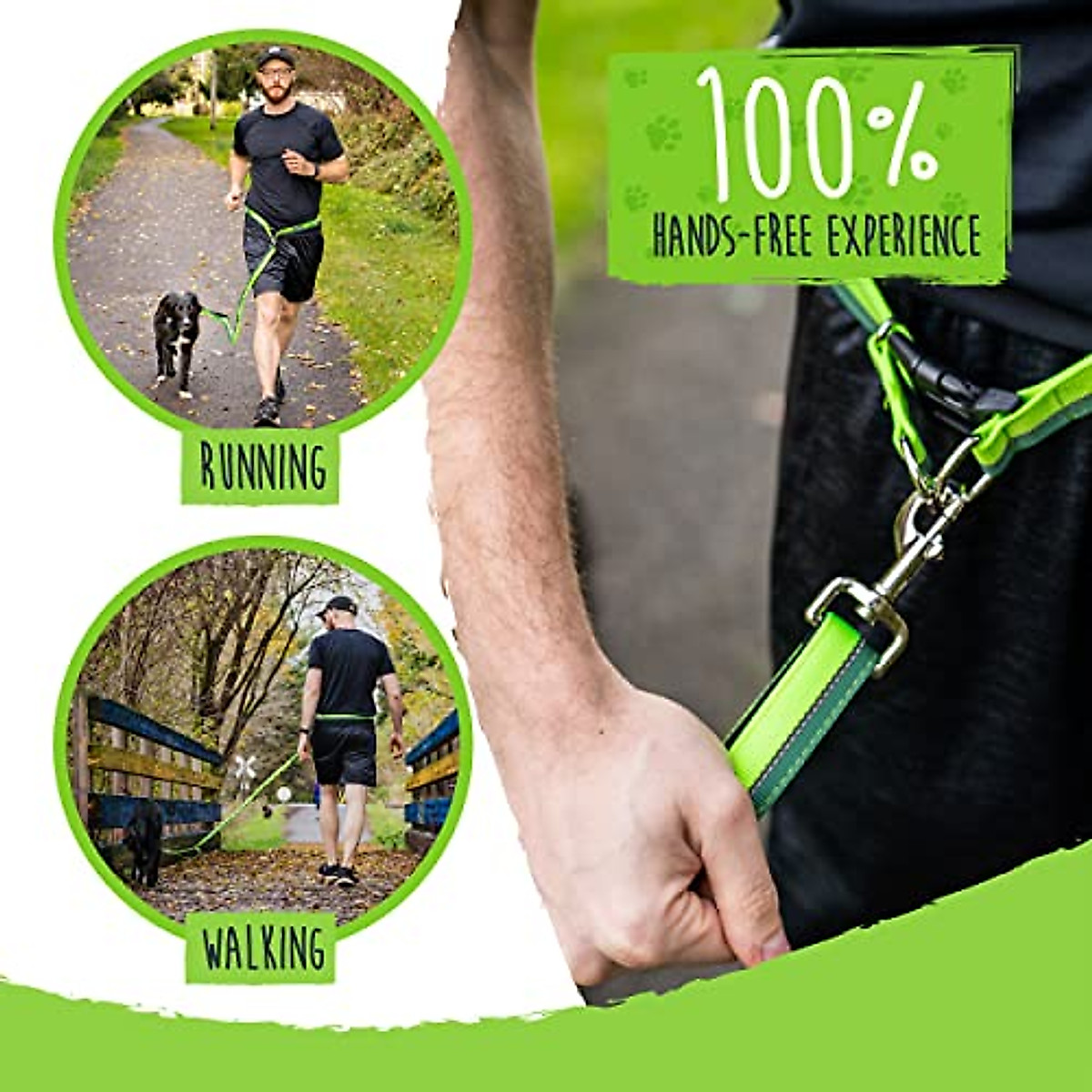 Mighty Paw Hands Free Bungee Leash 2.0 | 4’ Dog Lead W/Dual Padded Traffic Handles for Running, Hiking & Jogging. Wearable Belt (27-48” Waistband) W/ 2 Attachment Loops. Pets Up to 150lb (Green)