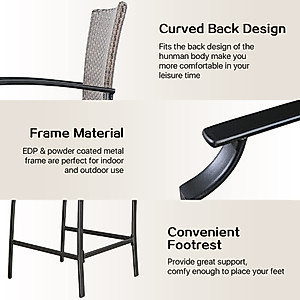 Patio Tree Outdoor Wicker Counter-Height Bar Chairs, Patio Steel Rattan Bar Stools with Removable Cushion, Set of 2