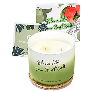 Green Apple Peach Blossom Candle | Natural Soy 3-Wick Scented Candle Large 15.8 oz | Apple Scented Candle | Bloom Into Your Best Self Holiday Candle Gifts, Aromatherapy Relaxing Candle for Women & Men