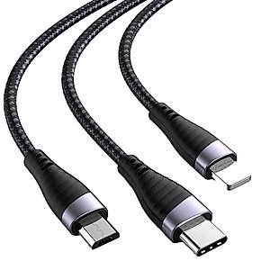 KuGinMa Charging Cable,【2Pack 4FT】 3 in 1 Charging Cable Multiple USB Cord Nylon Braided Charger,Compatible with IP/Type-C/Micro-USB BLACK