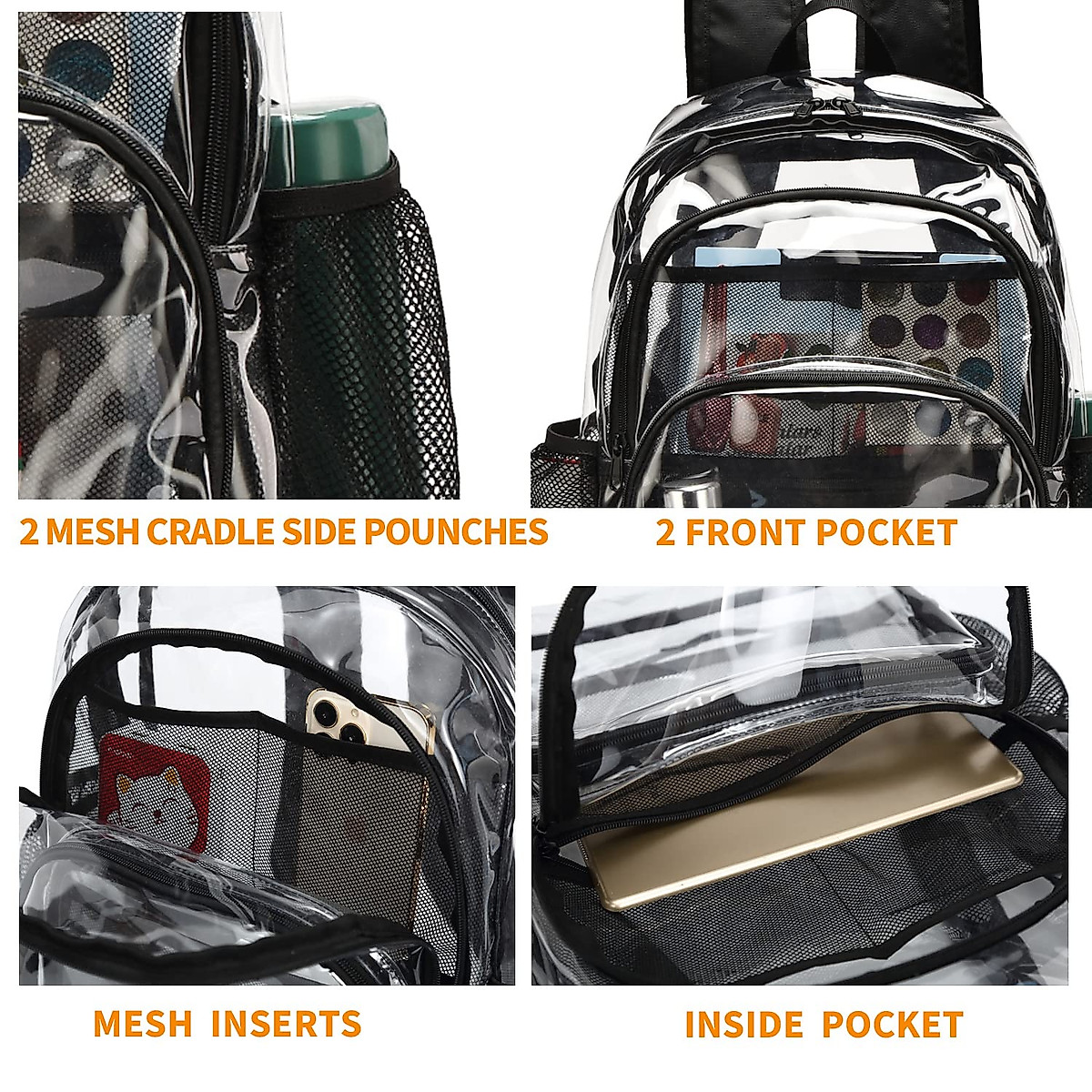 KUI WAN Clear Backpack Heavy Duty,Large Clear Bag PVC Transparent Bag for Stadium,School,Black