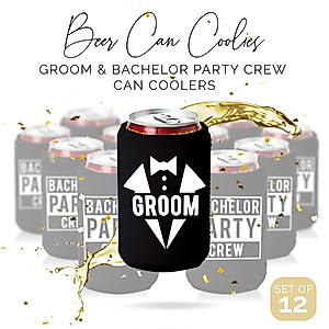 Groom and Bachelor Party Crew Squad Bachelor Party Can Coolers, Set of 12 White and Black Beer Can Coolies, Perfect Bachelor Party Decorations and as Grooms Men Gifts