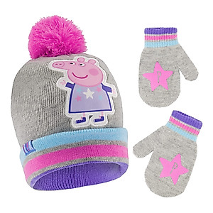 Hasbro Girls Winter Accessory Hat and Mittens Set, Peppa Pig Beanie for Toddler Ages 2-4, Grey/Pink