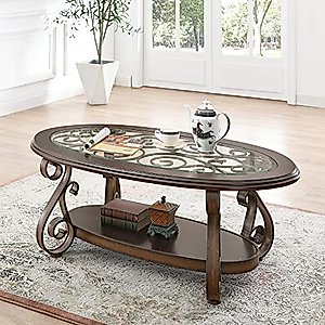 52" Cocktail Table Coffee Table, Rustic Glass Coffee Table Cocktail Tables with MDF W/Marble Paper Middle Shelf, Powder Coat Finish Metal Legs for Living Room, Office