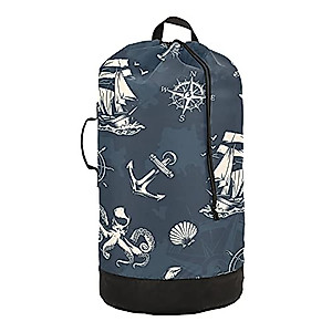 Vintage Sea Nautical Laundry Bag Heavy Duty Laundry Backpack with Shoulder Straps And Handles Travel Laundry bag with Drawstring Closure Dirty Clothes Organizer For Camp College Dorm and Apartment