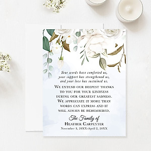 Hello Love Goods White Floral and Greenery Funeral Thank You Cards, Sympathy Acknowledgement Cards, 4.25x5.5 Flat Bereavement Notes with Envelopes
