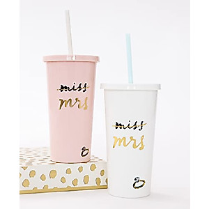 Kate Spade New York Acrylic Bridal Tumbler with Lid and Straw, 20 oz Tumbler for Bride to Be, Slim Double Wall Tumbler, Miss to Mrs. (Blush)