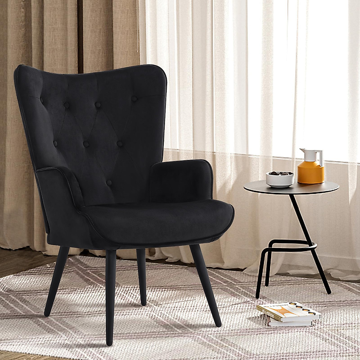 Furnimart Black Velvet Accent Chair Mid Century Modern Living Room Chairs; Comfy Armchair Leisure Vanity Guest Wingback Chair for Office Study Vanity Bedroom Waiting Room