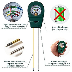 Soil Moisture Meter, 3 in 1 Soil Moisture/Soil Ph Meter/Fertility Soil Test Kit with 15 Labels Moisture Meter for House Plants Garden Lawn Farm