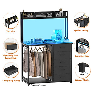 Cyclysio Dresser for Bedroom with Hutch & Clothes Rack, 70'' Tall 5 Drawers Dresser with Shelves, Black Dresser Closet with Charging Station & LED Lights, TV Stand Dresser with Hooks, Bedroom, Closet