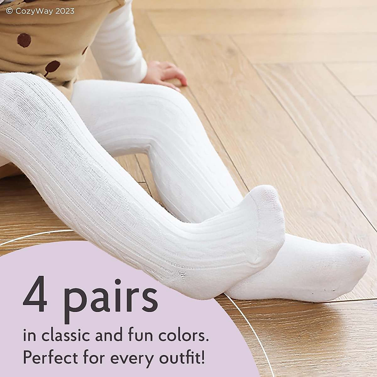 CozyWay Cable Knit Cotton Leggings/Tights for Baby Girls, 4 Pack, White/Pink/Purple/Gray, 6-12 Months Old