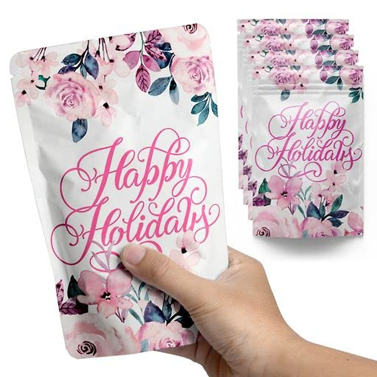 Resealable Standup Bags. Happy Holidays 20 Pk – Airtight, Waterproof, Zip Lock Seal and/or Heat Seal - Opaque Foil Pouch - Food Grade Bags For long shelf-life Storage (4x6, flowery)