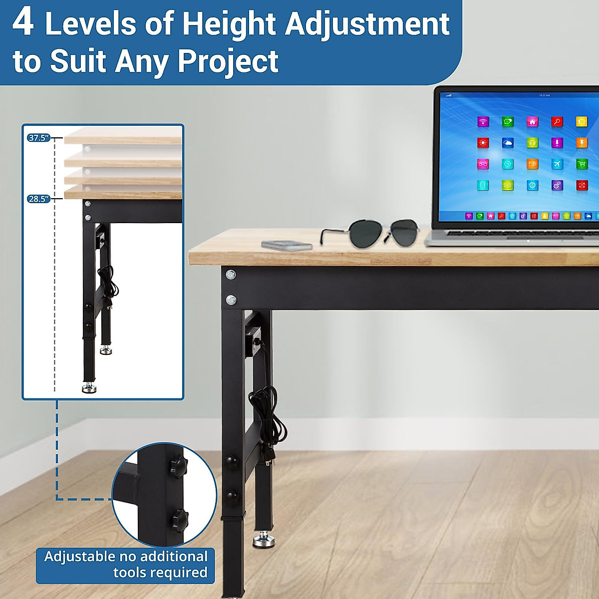 Work Bench, 48" Adjustable Height Work Table, Heavy Duty Oak Wood Workbench, Garage Work Bench Table, 2000 LBS Load Garage Workbench with Power Outlet for Garage/Kitchen/Home/Office