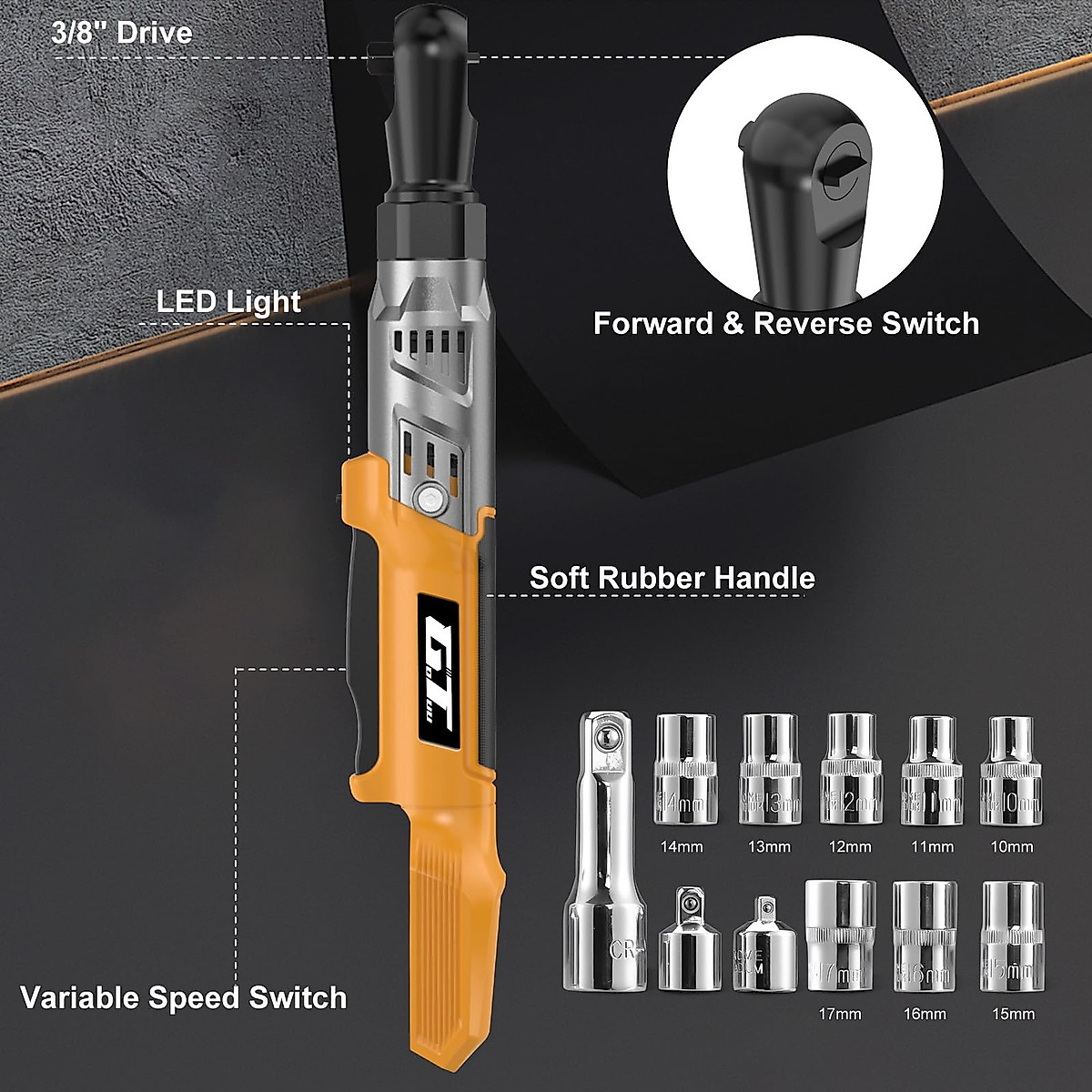 3/8" Cordless Ratchet Wrench, Compatible with DEWALT 20V MAX Battery, 74Ft-Lbs Power Electric Ratchet Tool Kit, 1/2" & 1/4" Adapters, 3" Extension Bar (Tool Only)