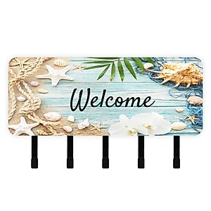 OURVII Key Holder for Wall Vintage Blue Board Starfish Wall Mounted Key Hook, Summer SeashellsMail Holder Wall Mounted, Entryway Mudroom Hallway Home Decorative Key Organizer Rack with 5 Hooks