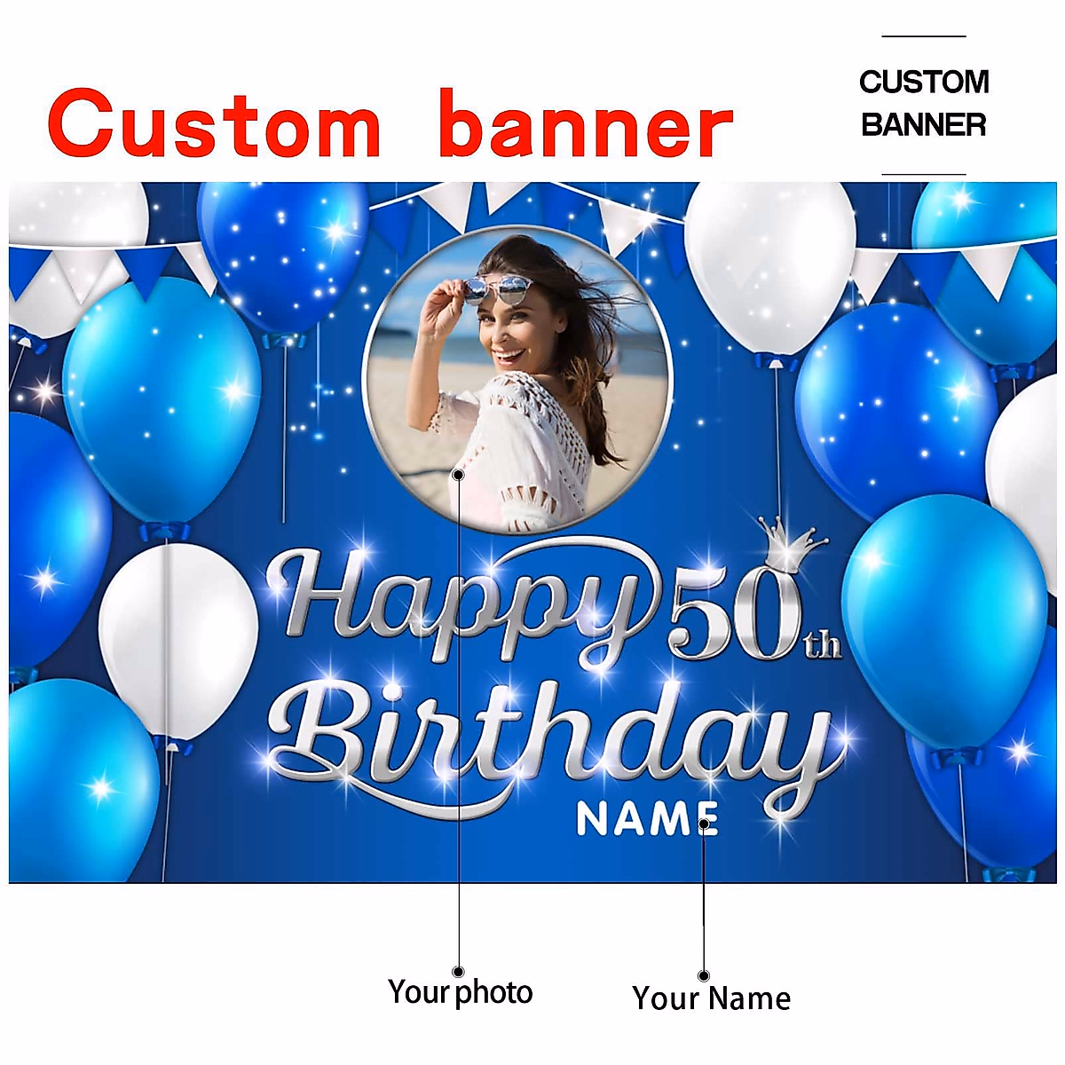 Custom Navy Blue Happy 50th Birthday Decoration Banner - Personalized with Photos and Names