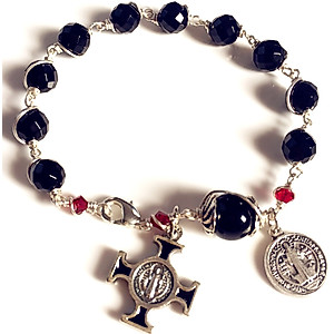 elegantmedical HANDMADE SILVETR Wire Wrap Black Agate Prayer Beads Bracelet Rosary Cross Catholic