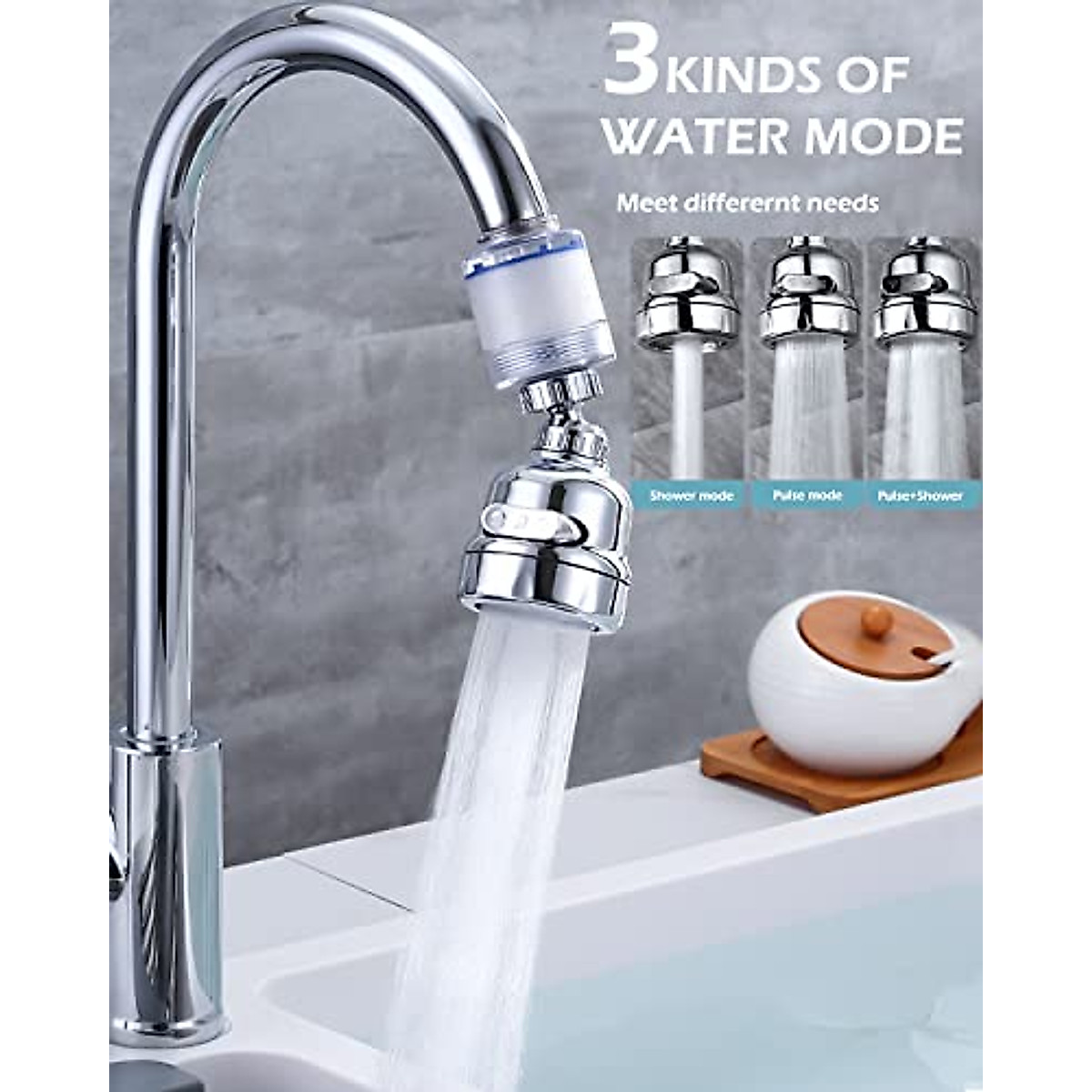 Water Filter for Sink, 360° Rotating Faucet Water Filter, Kitchen Bathroom Universal Swivel Sink Filter, with 3 Water Outlet Modes (Silver)