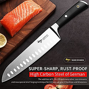 MAD SHARK Kitchen Knife, Chef's Santoku Knife 8 Inch, German High Carbon Stainless Steel Chef Knife, Super Sharp Multipurpose Chopping Knife for Meat Vegetable Fruit with Ergonomic Handle & Gift Box
