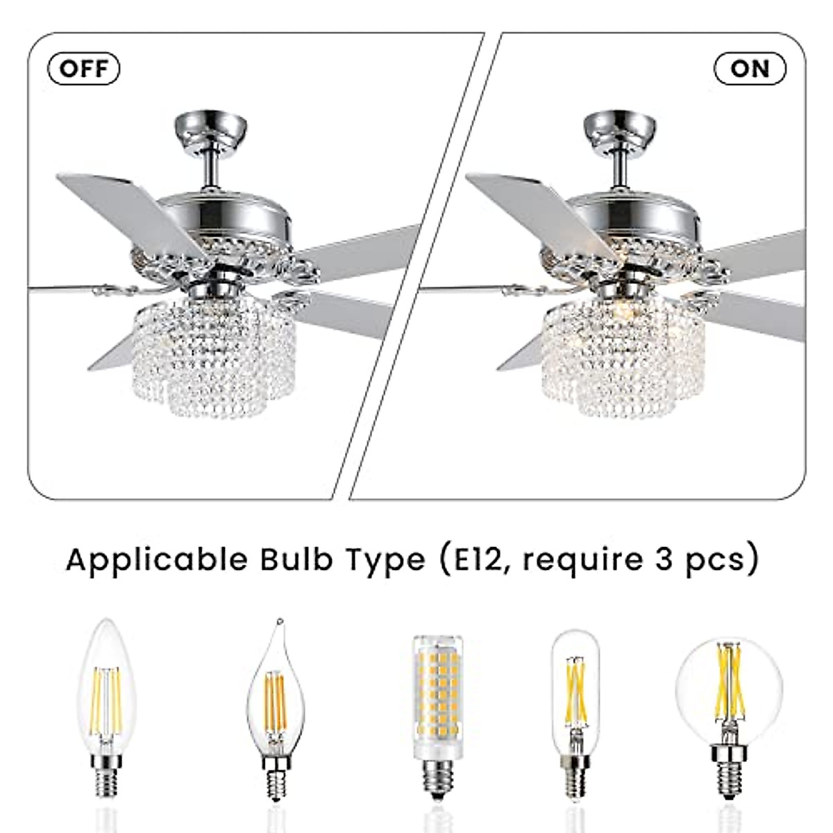 CROSSIO 52 Inch Crystal Ceiling Fan with Light and Remote Control, Modern Chandelier Fan with 5 Reversible Wood Blades Chrome Fandelier for Living Room Bedroom (Fine line Crystal-Ceiling Fan)