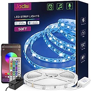 Jadisi 50ft Led Strip Lights for Bedroom, RGB Led Light Strip Music Sync Color Changing with App Remote Control Smart Led Strip Lights for TV, Room Party