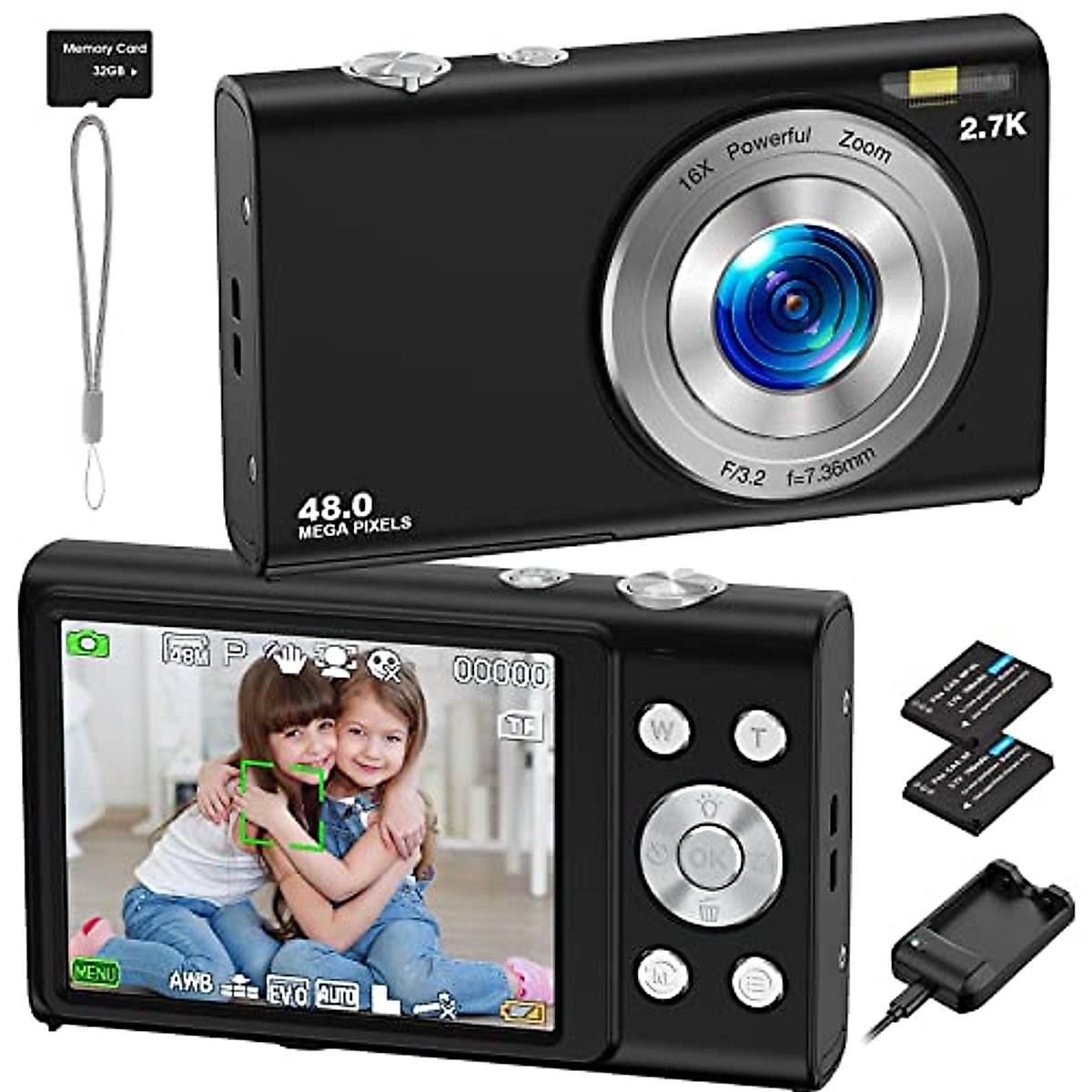 Digital Camera, RUAHETIL Autofocus FHD 2.7K 48MP Vlogging Camera for Kids, 16X Zoom 2 Charging Modes Kids Compact Camera Point and Shoot Camera for Kids Teens Students（Black）