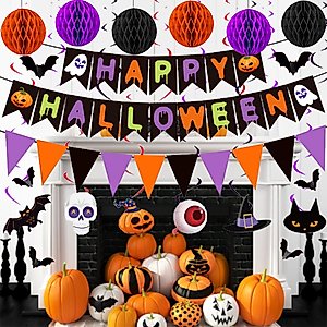 Happy Halloween Banner 26pcs Halloween Party Decorations Paper Triangle Flag Bunting Honeycomb Ball Hanging Swirl Streamers Bats Stickers Wall Decor DIY Indoor Outdoor Home Decor
