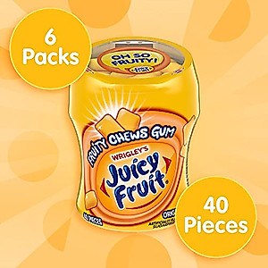Juicy Fruit Gum Sugar Free Chewing Gum, Fruity Chews Original, 40 Piece Bottle (6 Pack)