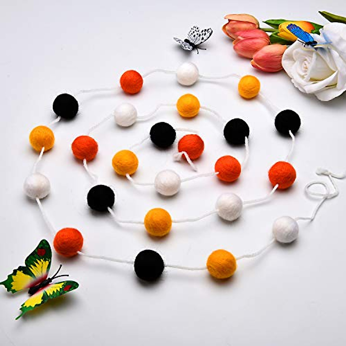 13.2 Feet Halloween Felt Ball Garland Wool Felt Balls Garland Decoration for Halloween Thanksgiving Party Supplies, Brown, Orange, Black and White