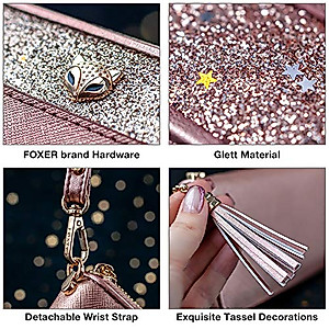 FOXER Women RFID Blocking Leather Wallet Bifold Wallet Clutch Wallet with Wristlet Card Holder (Rose Gold)